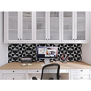 COLAMO Luxury Swatch Glossy Black Thicker Peel and Stick Kitchen Backsplash,Waterproof Self Adhesive Wall Tile,Faux Ceramic Tile,Stick on Accent Wall for Bathroom,Vanity,RV(White Floral Design,8”×8”)