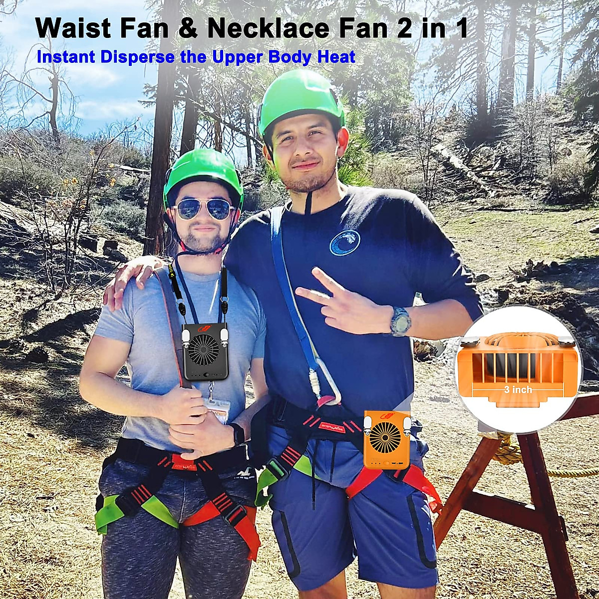GOBRILLFUN Waist Clip Fan & Neck Fan 2 in 1, Portable Rechargeable Clip on Fan with 3 Speeds, 8000mAh Battery Operated Powerful Cooling Shirt Fan & Belt Fan for Camping, Hiking, Fishing, Working
