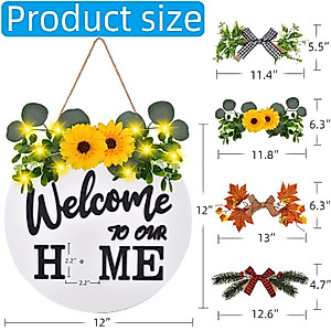 Interchangeable Welcome Home Sign, Front Door Decor with 4 Seasonal Wreaths and 21 Changeable Icons, Rustic Wood Wall Porch Hanger for Holiday Halloween Christmas Housewarming Gift (White)