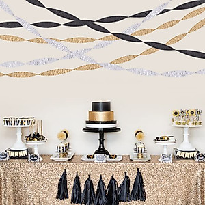 Gold Silver Black Streamers, 6 Rolls 492 Ft Crepe Paper Party Streamers Tassels Backdrop Party Supplies for Bachelorette Party Bridal Shower Wedding Baby Shower Birthday Halloween, 82 Ft/Roll