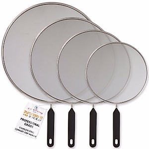 U.S. Kitchen Supply Set of 4 Classic Splatter Screens, 13", 11.5", 10", and 8" - Stainless Steel Fine Mesh, Comfort Grip Handles - Use on Boiling Pots Frying Pans - Grease Oil Guard, Safe Cooking Lid