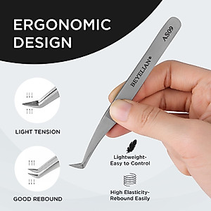 Volume Lash Tweezers Beyelian Lash Tweezers for Eyelash Extensions, Curved L High Precision Tip for Mega Fans, Stainless Steel AS09 Silver.