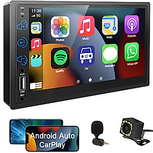 Double Din Car Stereo Radio Voice Control Apple Carplay & Android Auto,7 Inch Touchscreen Car Stereo,Car Radio Multimedia Player Bluetooth 5.2,Mirror Link,Backup Camera,Subwoofer, AM/FM Radio Receiver
