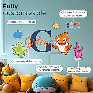 EGD Personalized Baby Shark Wall Decor I Name & Initial Wall Decals I Custom Name for Your Baby Room Decoration I Nursery Decor for Girls & Boys I Multiple Options for Customization