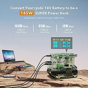 SYMIK 100W Charger & 145W Power Source for Ryobi 18V Batteries, Advanced Two-Way Charger & Portable Power Station w/OLED Screen for Ryobi 18 Volt Lithium-Ion, 2 USB-C & 1 USB-A Port, LED Task Light