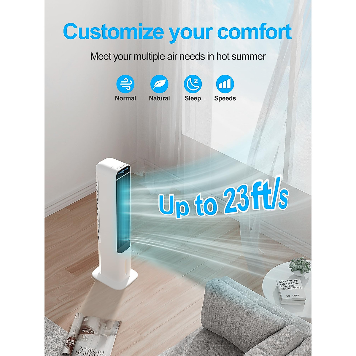 KEGIAN Cooling Fan That Blow Cold Air, Portable Evaporative Air Cooler, Swamp Cooler with 80°Oscillation, 3 Modes, 12H Timer, Remote, Bladeless Tower Fan for Home, Office, and Bedroom (41'')