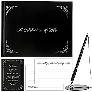 Funeral Guest Book with Custom Black and Real Silver Design, Guest Book for Funeral with 150 Memory Cards and Metal Signature Pen, Funeral Guest Book for Memorial Service with a Memory Table Sign