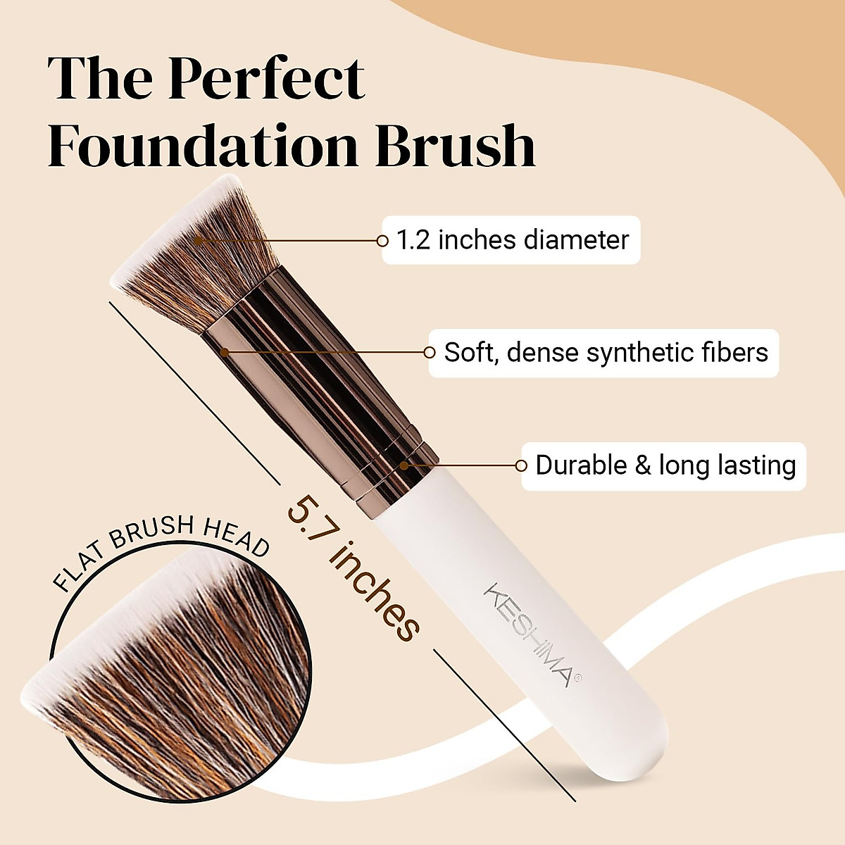 Foundation Brush Flat Top Kabuki By Keshima - Premium Foundation Brush for Liquid Makeup, Cream, and Powder - Buffing, Blending, and Face Brush (Regular Size, White)