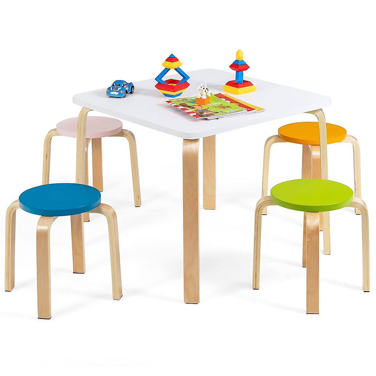INFANS Kids Wooden Table and Stool Set, 5-Piece Activity Table with 4 Stools for Toddler Building Block Drawing Reading Art Crafts, Children Natural Furniture Set for Kindergarten Classroom