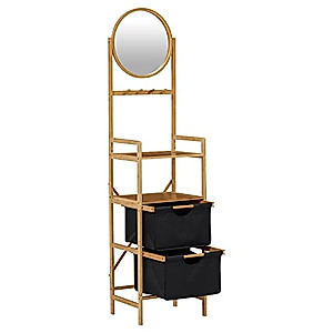 KINTNESS 63”H Bamboo Storage Shelf - Bathroom Storage Cabinet with Adjustable Mirror, Freestanding Shelving Racks with 2 Drawers & 2 Open Shelves for Living Room Bathroom Bedroom