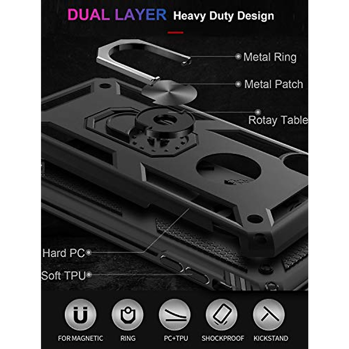 LUMARKE iPhone X Case,iPhone Xs Case with Glass Screen Protector,Military Grade 16ft. Drop Tested Cover with Magnetic Kickstand Protective Phone Case for iPhone Xs/iPhone X Black