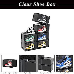 C&AHOME Clear Shoe Box, Clear Shoe Box Storage, Set of 6, Large Size Plastic Shoe Box with Magnetic Door, Shoe Organizer, Box Stackable for Display Sneakers, Fit Up to US Size 14''Black UCSBP06B