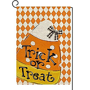 ORTIGIA Trick or Treat Garden Flag Vertical Double Sided 12x18inch Halloween Funny Candy Small Garden Flag Buffalo Check Plaid Seasonal Flag Farmhouse Rustic Holiday Burlap Yard Décor