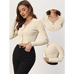 Allegra K V Neck Crop Knit Sweater Tops for Women's Ribbed Casual Long Sleeve Solid Top Medium Beige