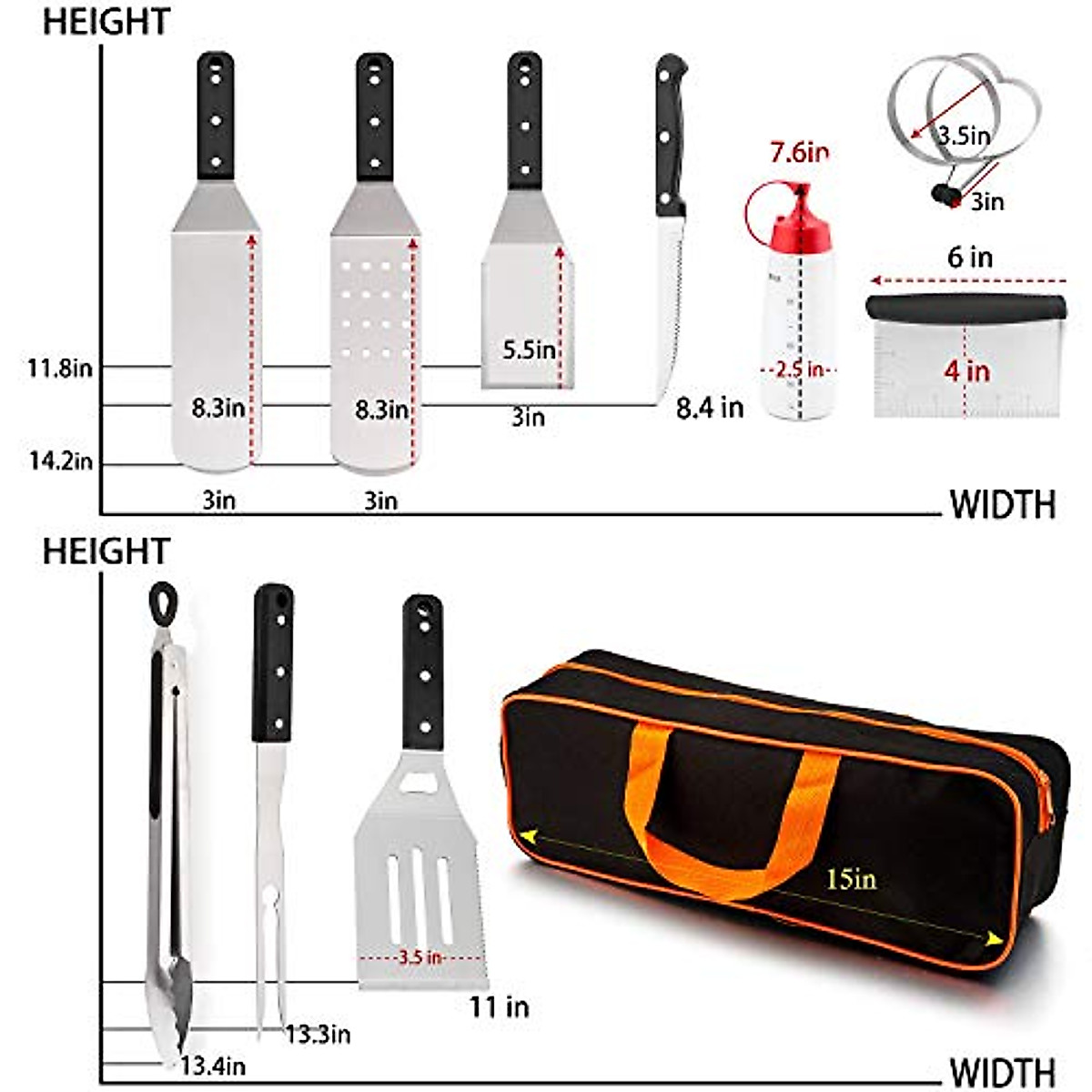 Griddle Accessories Tool Set of 21 with Carrying Bag, Leonyo Solid Metal Spatula for Flat Top Teppanyaki BBQ Gas Grilling, Triple-Riveted Grip, Attached 8 x Hooks, Dishwasher Safe, Man Gift