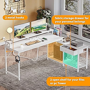 Furologee White L Shaped Desk with LED Lights & Power Outlet, Reversible Corner Computer Desk/91in Long Desk with Fabric Drawer and Shelves, Home Office Gaming Table with Monitor Stand-(55.1+39.4) in