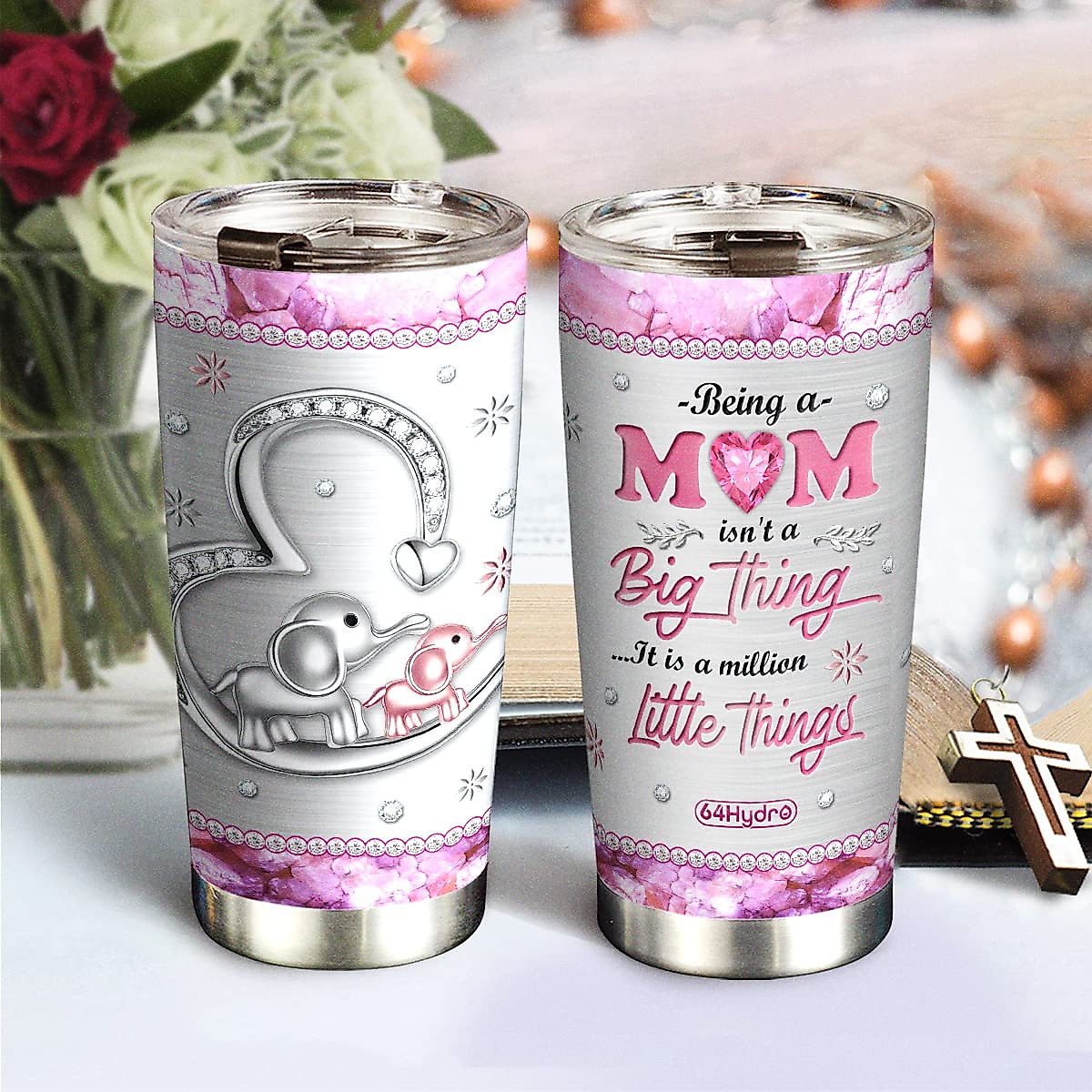 64HYDRO 20oz Jewelry Elephant Mom, Being a Mom isn't a big thing it is a million little things, Grandma, Mother Gifts, Stainless Steel Double Wall Vacuum Insulated Coffee Mug, Travel Cup with Lid