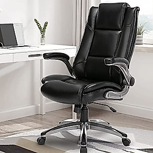 COLAMY Leather Executive Office Chair- High Back Home Computer Desk Chair with Padded Flip-up Arms, Adjustable Tilt Lock, Swivel Rolling Ergonomic Chair for Adult Working Study
