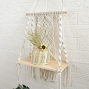 Macrame Wall Hanging Plant Decor Shelf Indoor Outdoor Floating Wood shelve Decorative Hand Made Rope Boho Shelving for Plants
