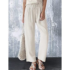 GLIENST Women's Linen Drawstring Palazzos Pants Wide Leg Elastic Waist Loose White Cropped Pants Trousers Casual Sweat Palazzos Pants for Ladies Girls White XL