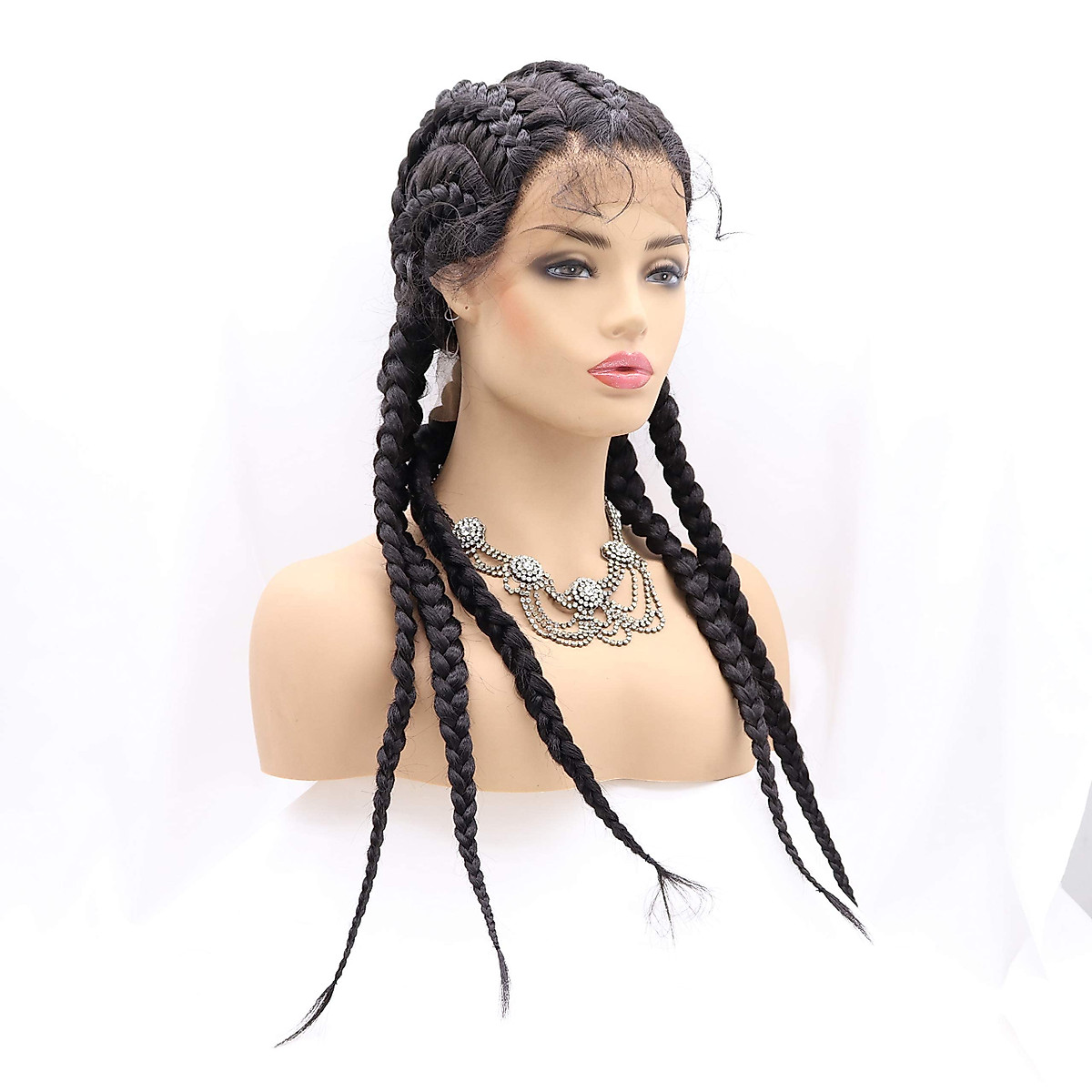 Xiweiya Long Black Braided Wig with Baby Hair Highlight 1B# Black Hair Synthetic 360 Full Lace Wig 5 Braids for Women,Drag Queen Makeup Christmas Party 24 Inches