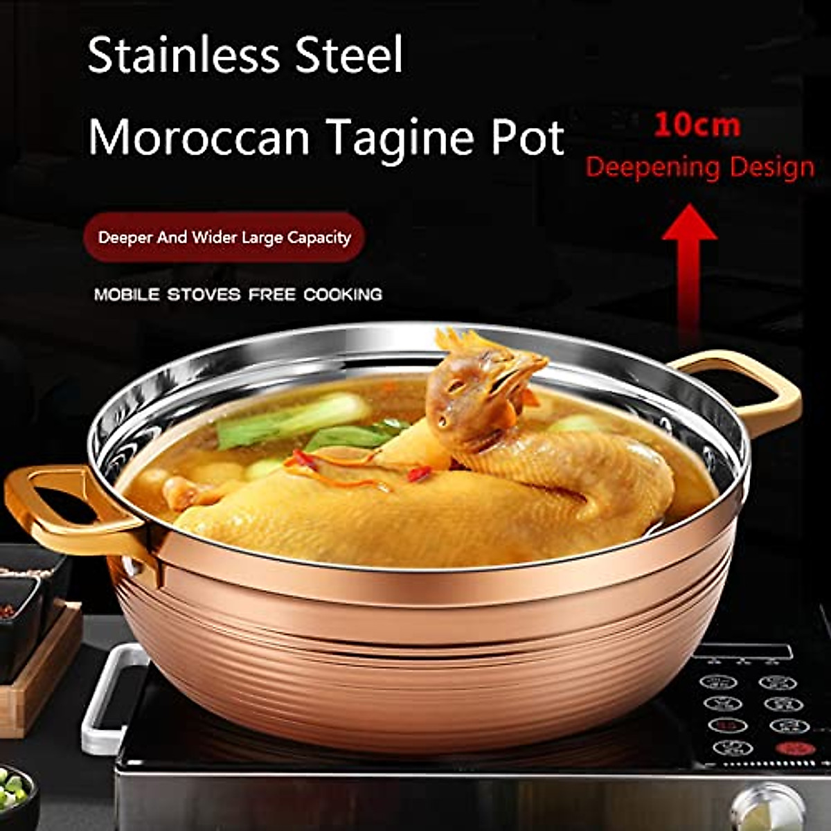 Moroccan Tagine Pot, 22cm Stainless Steel Tajine Stew Casserole Slow Cooker Tagine Cooking Cookware with Cone-Shaped Closed Lid for 1-2 People,Silver
