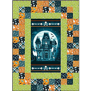 Henry Glass Welcome Foolish Mortals 24.5" Haunted House Panel Glow in The Dark Dark Teal, Fabric by The Panel