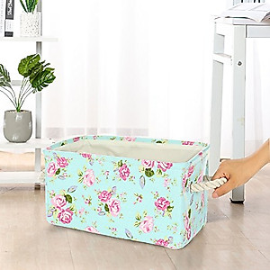 uxcell Storage Basket Bin for Toys Clothes, Collapsible Canvas Fabric Laundry Basket Box with Drawstring Closure & Carry Handles, Floral (Large - 17.7"x13.8"x9.8")