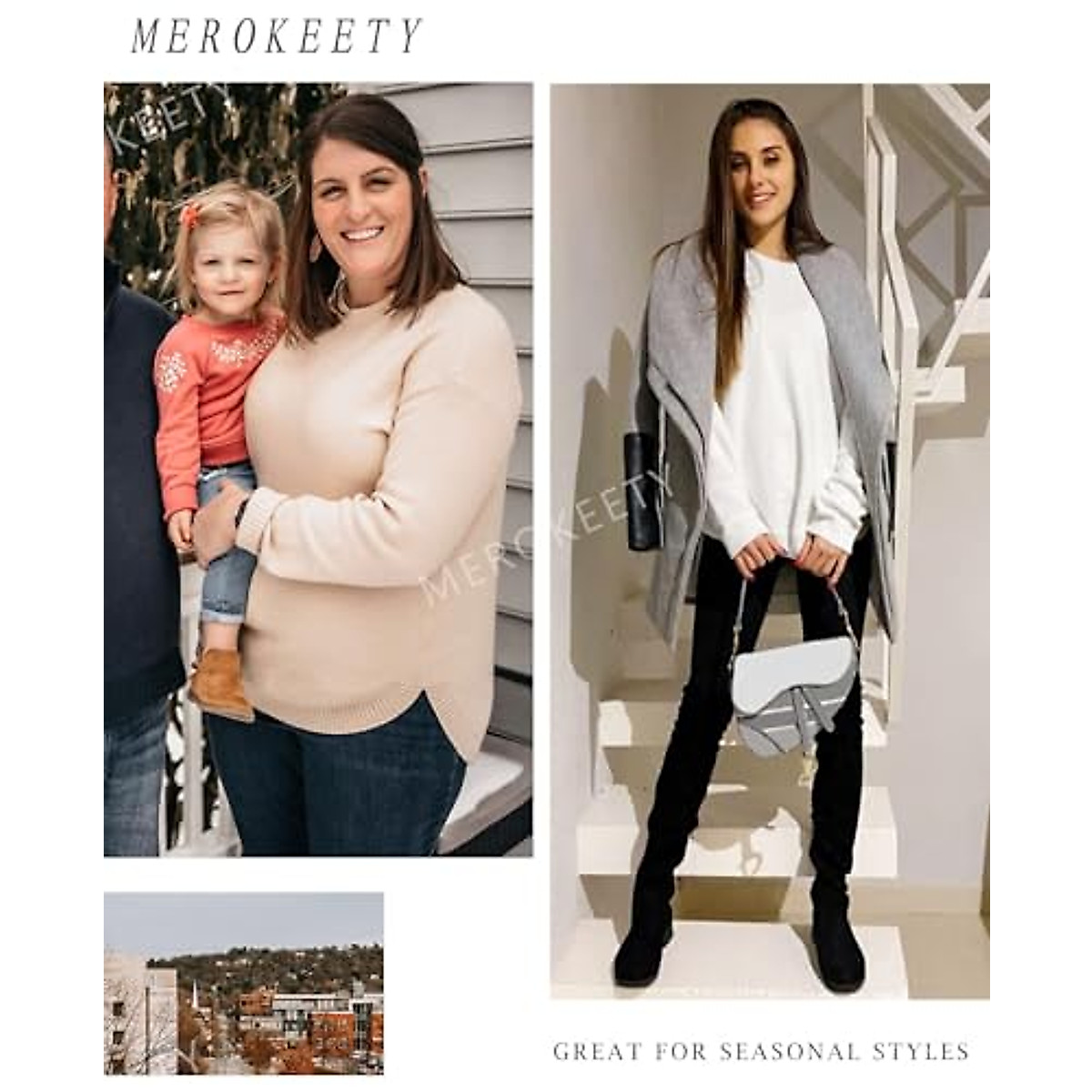 MEROKEETY Women's 2025 Fall Long Balloon Sleeve Crew Neck Sweater Tops Waffle Knit Soft Pullover Jumper, White, M