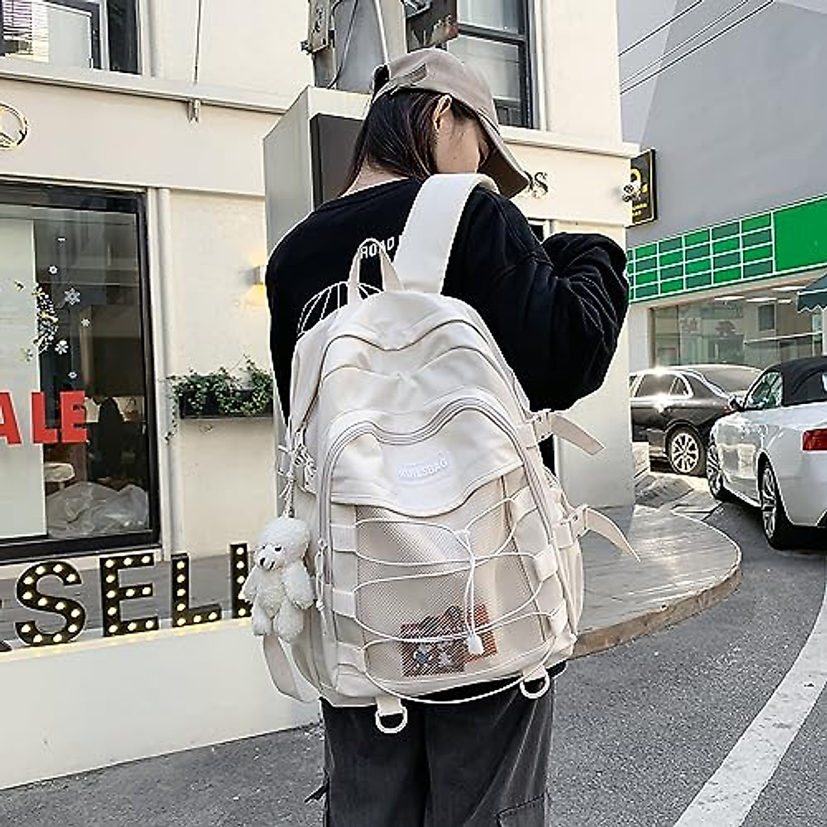 Juoxeepy Aesthetic Laptop Backpack Cute Kawaii College Backpack with Bear Pendant Lightweight Everyday Backpack Nylon Travel Daypack for Women