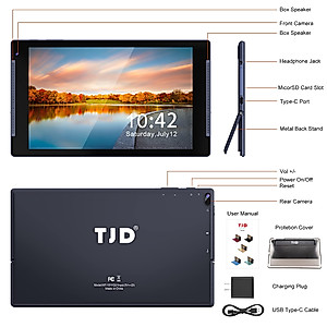 TJD 10 inch Tablet, Android 10.0 Tablet, 2GB RAM 32GB, 1.6GHZ Quad Core Processor, 1280x800 IPS Display, Google Play, 2MP+5MP Camera, Bluetooth, 2.4GHz WiFi, Type-C, TF Expansion with Tablet Stand