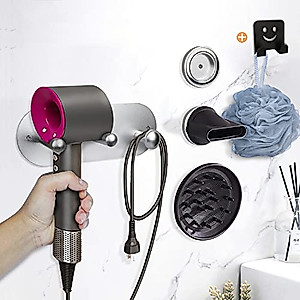Yimerlen Hair Dryer Holder Compatible with Dyson Attachments Wall Mount Stand for Supersonic Blow Dryer Attachments (Silver, with Multifunction Hook)