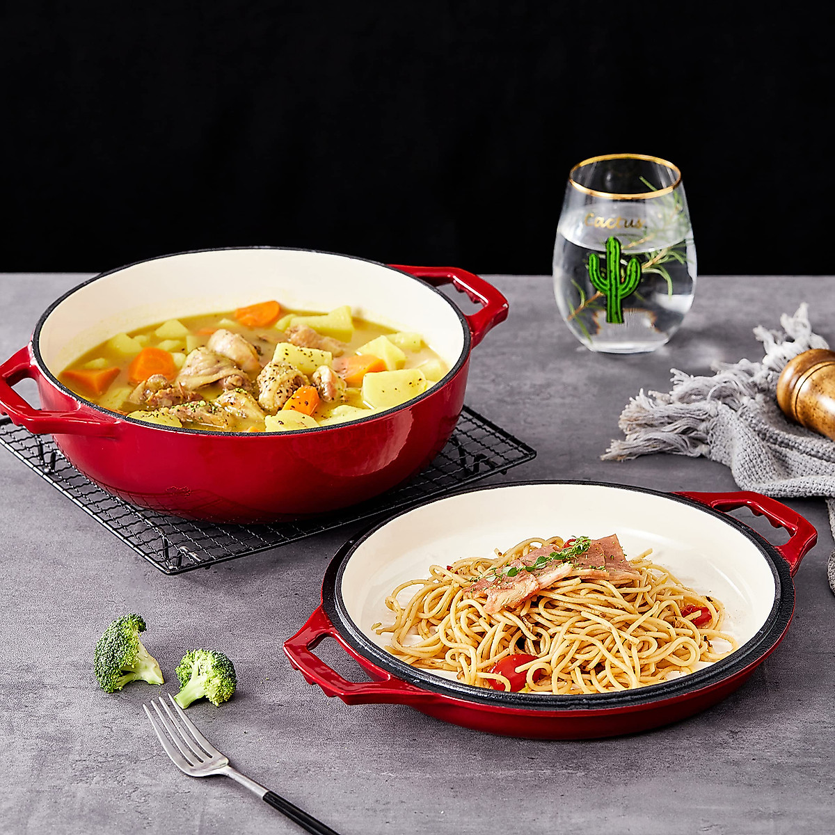 Bruntmor 2-in-1 Pre-Seasoned Cast Iron Pan |Cocotte Double Braiser Pan with Grill Lid 3.3 Quarts - Barbecue Grill Non Stick Frying Pan - Nonstick Cookware Set with Wide Handle (Red)