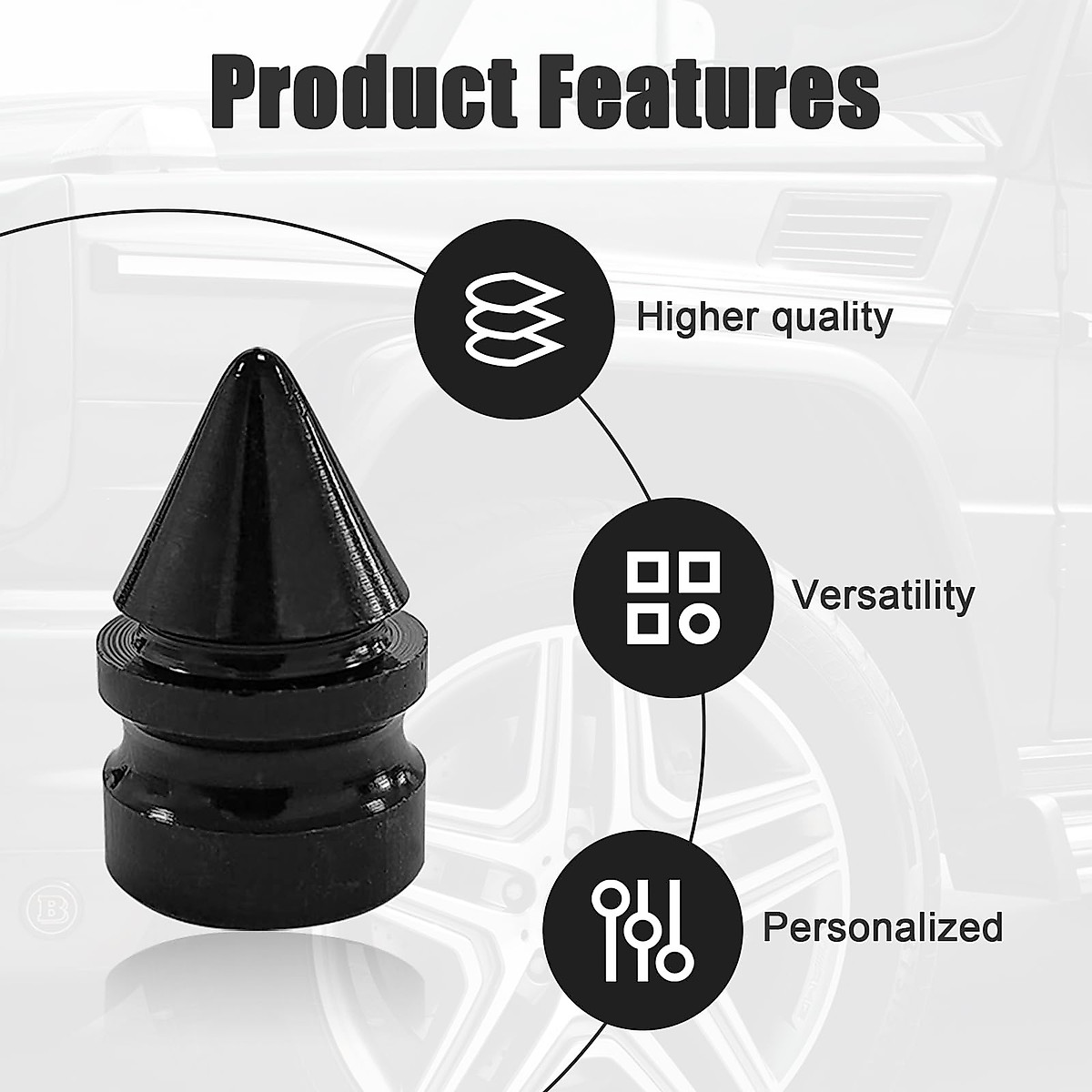 Ziciner 4 PCS Car Tire Valve Caps, Spiked Aluminum Alloy Tire Trim Accessories, Dustproof Tire Wheel Stem Covers, Universal Air Stem Cap for Auto, Trucks, SUVs, Bicycles and Motorcycles (Black)