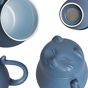 Ceramic Tea Mug with Infuser and Lid Cute Lucky Cat Design Coffee Mug with Lid Ceramic Tea Cup with Filter for Steeping Loose Leaf (Blue)