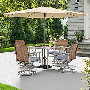 YITAHOME 5-Piece Patio Dining Set, Outdoor Wicker Conversation Furniture w/4 Swivel Dining Chairs and 2" Umbrella Hole Imitation Wood Grain Dining Table for Backyard, Balcony and Garden