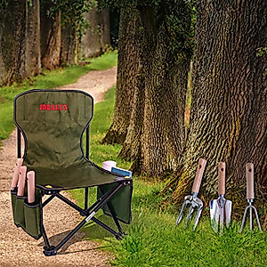 IDEALUX Garden Tools Set, Gardening Outdoor Folding Camping Chairs with Garden Tool Bag, 3 Steel Garden Tools, Gardening Seats Gardening Chair Seniors with Garden Folding Stool Lawn Chair（Army Green）