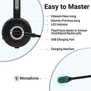 Bluetooth Headsets with Mic, Up to 24 Hrs Talk Time Trucker Wireless Headset with Microphone for Cell Phones, Large Capacity Battery for Office, Business