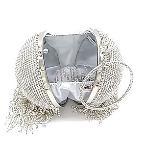 UMREN Women Round Ball Crystal Evening Clutch Purse Tassel Wedding Party Hand Bags Silver