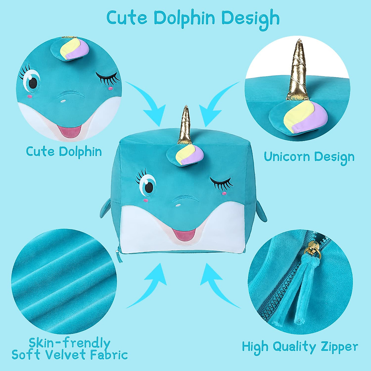 Cute Dolphin Stuffed Animal Bean Bag Storage for Boys and Girls, Gifts for Kids Bedroom Decorations, Child Beanbag Large Size 22x24 Inch Velvet Extra Soft, Cover ONLY