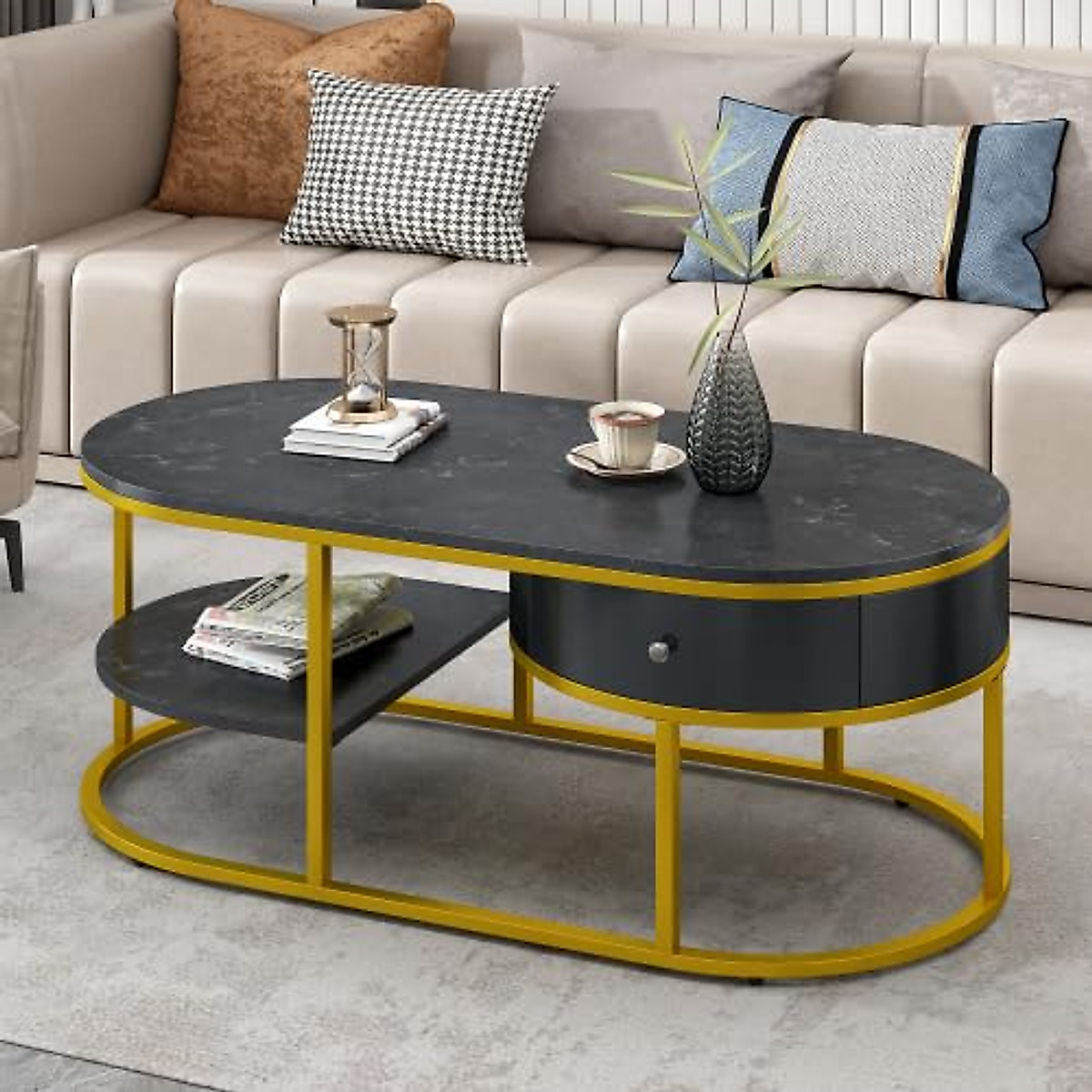 Wekity Modern Marble Golden Coffee Table, Metal Frame with Drawers & Shelves Storage for Living Room (Black)