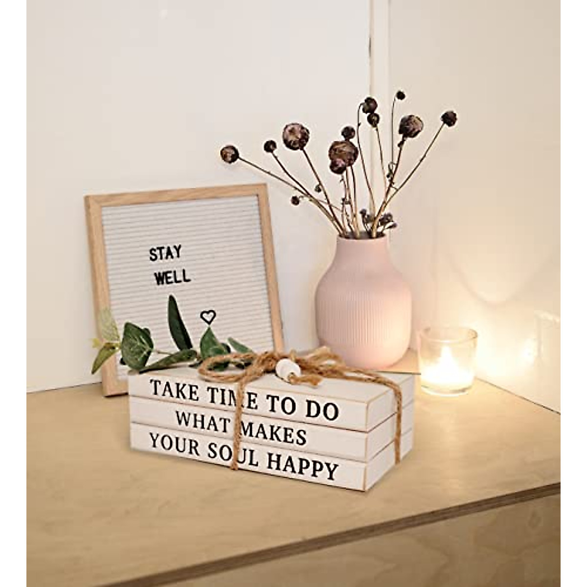 3 Pieces Wooden Decorative White Books, Rustic Farmhouse Book Stack, Faux Books for Coffee Table Shelves with Wood Bead Tassels and Leaves, for Modern Home Decor, 7'x 4.6'x 2.5'