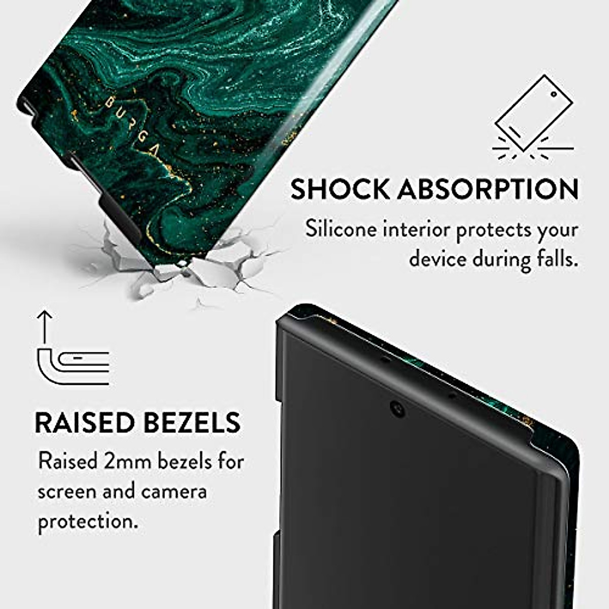 BURGA Phone Case Compatible With Samsung Galaxy Note 10 - Hybrid 2-Layer Hard Shell + Silicone Protective Case -Emerald Green Jade Stone Luxury Gold Glitter Marble - Scratch-Resistant Shockproof Cover