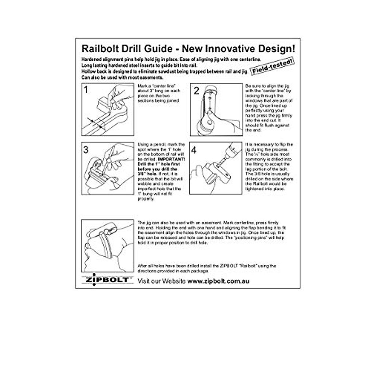 Zipbolt 40.260 Railbolt Drill Guide for Staircase Handrails with 1/4 in and 3/8 in Drill Bits and 1 in Spade Bit