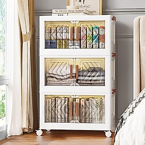 Fixwal 23QT Stackable Storage Bins, Plastic Drawer Storage, Foldable Closet Organizers and Storage with Shelves and Lockable Wheels, Box Cabinet Containers for Toy Organization, Bedroom, 3 PACK Cubes