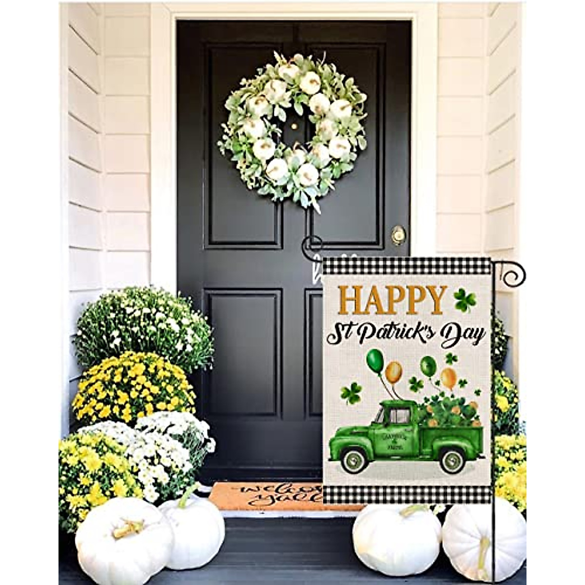 EKOREST Happy St Patrick's Day Garden Flag 12x18 Inch Vertical Double Sided,Buffalo Plaid Truck with Shamrock Balloons Small St. Patricks Day Yard Flag for Outdoor Farmhouse Holiday Outside Decoration