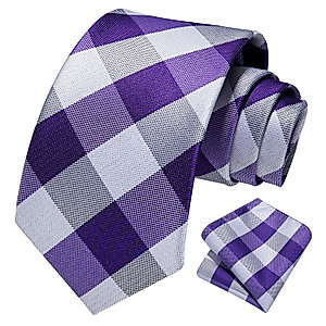 HISDERN Purple Ties for Men Plaid Checkered Tie with Pocket Square Woven Business Formal Necktie Handkerchief Set Wedding Party