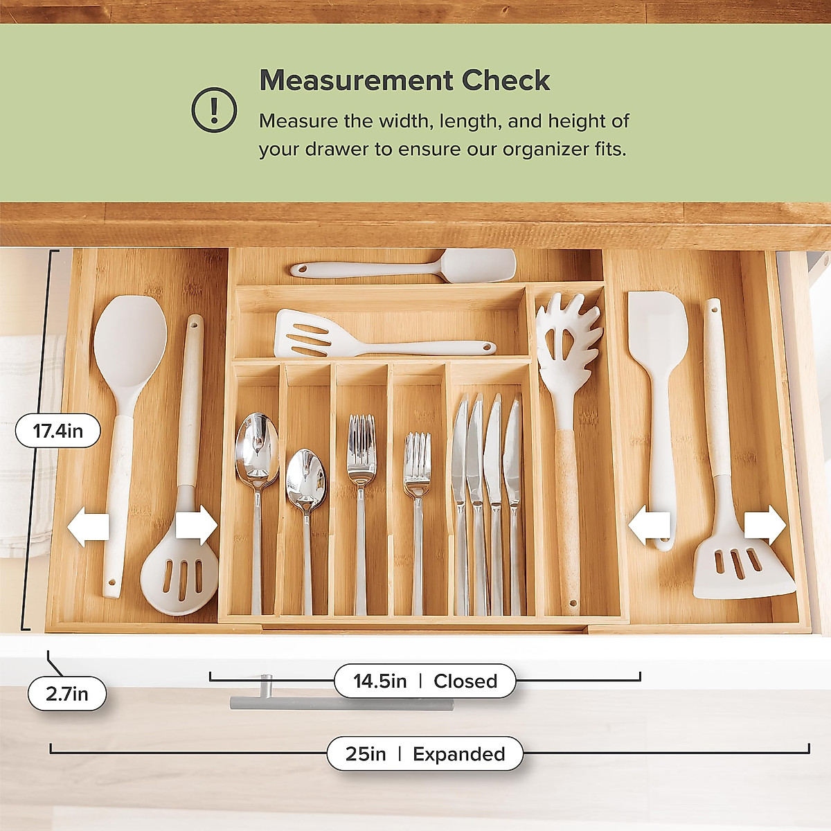 KitchenEdge Premium Silverware, Flatware and Utensil Organizer for Kitchen Drawers, Expandable to 25 Inches Wide, 10 Compartments, 100% Bamboo