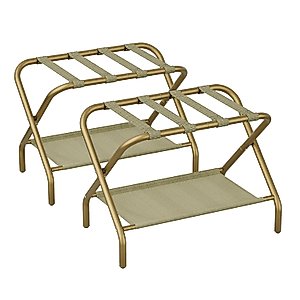 Smart FENDEE Set of 2 Luggage Racks for Guest Room, Gold Folding Suitcase Stand with Fabric Shelf, Steel Portable Luggage Stand Bedroom, Hotel, Easy Assembly, Hold up to 110 lb, Bronze