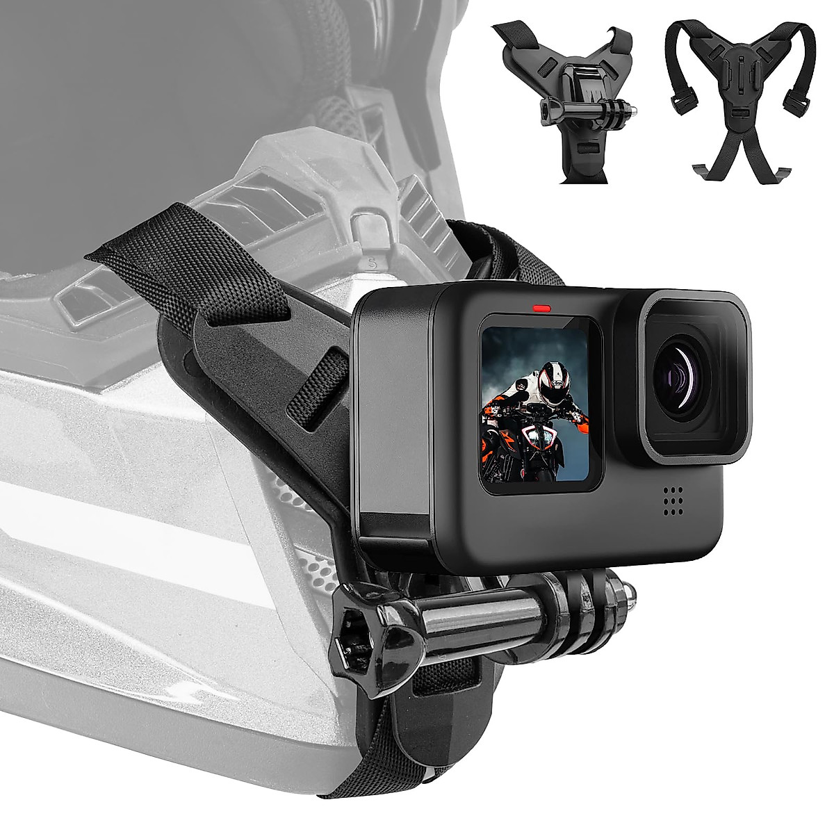 Adaptom Helmet Mount for GoPro, Motorcycle Chin Strap Attachment with Extension J Hook Dirt Bike Holder Mounting Accessories for Go Pro Max Hero 12 11 10 9 8 7 Insta360 X3 GO3 DJI Action 3 4 Camera
